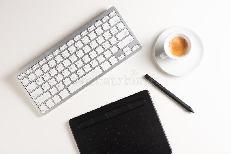 Graphic Designer White Work Table with Computer and Coffee Stock Photo ...