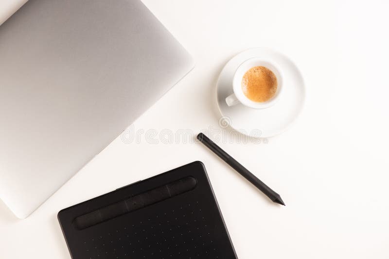 Graphic Designer White Work Table with Computer and Coffee Stock Photo ...