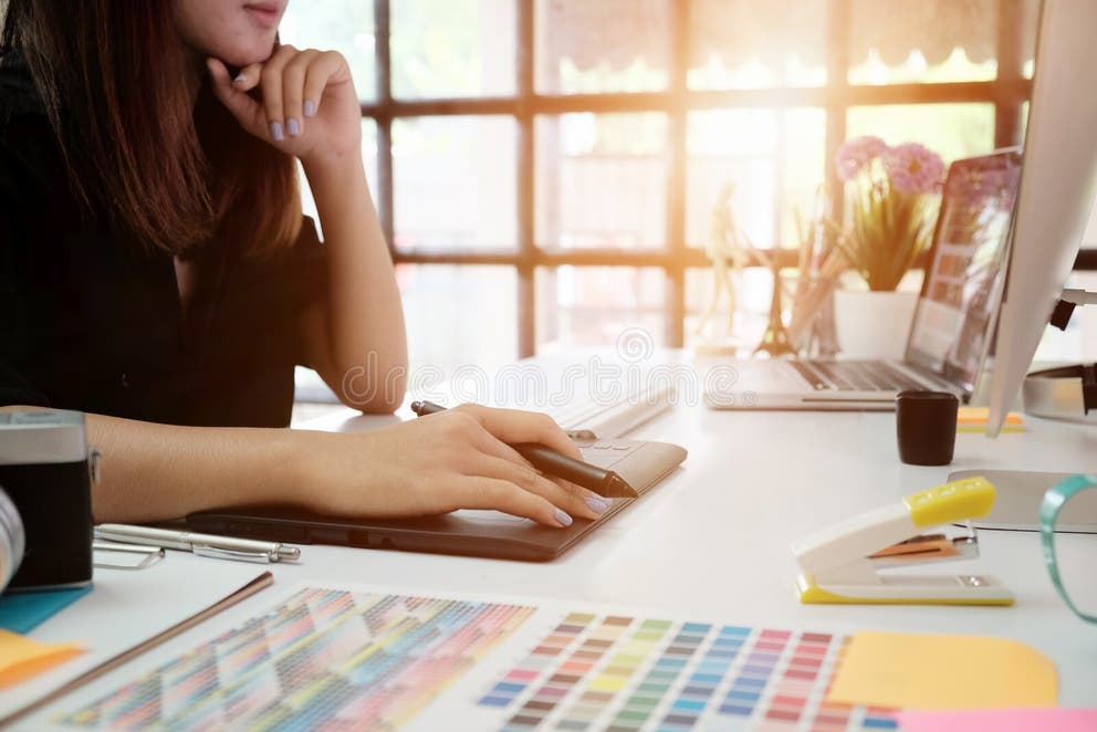 Graphic Designer Woman Working on Creative Office with Create Gr Stock ...