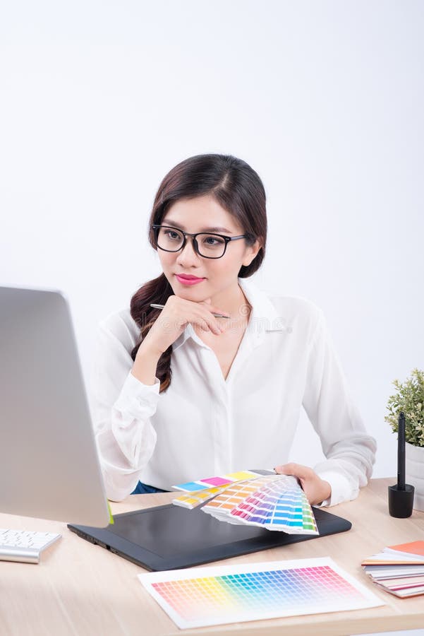Graphic Designer at Work. Asian Woman Sitting on Desk. Stock Photo ...