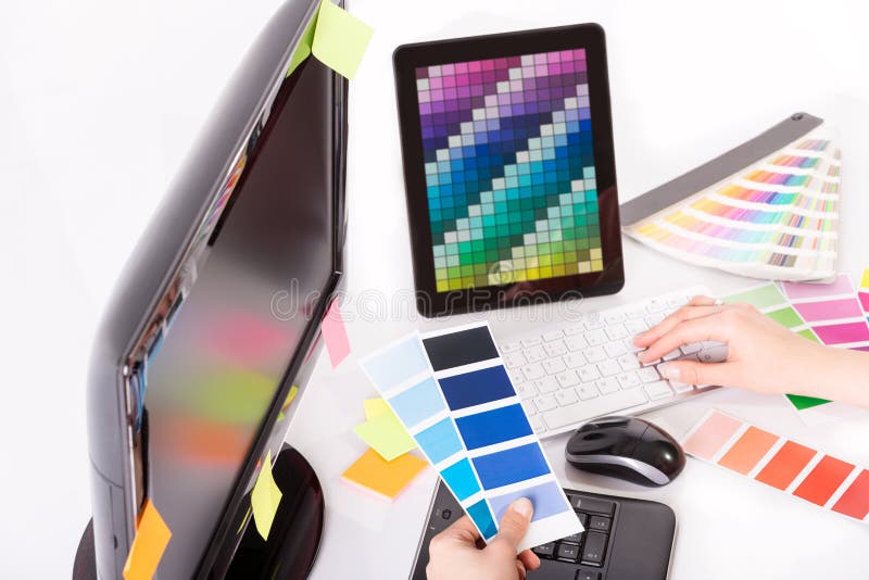 Graphic Designer at Work. Color Samples. Stock Image - Image of colored ...