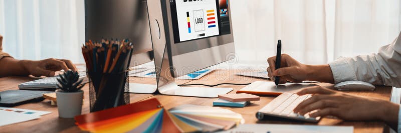 Graphic Designer Works on Computer Laptop with Digital Pen. Scrutinize ...