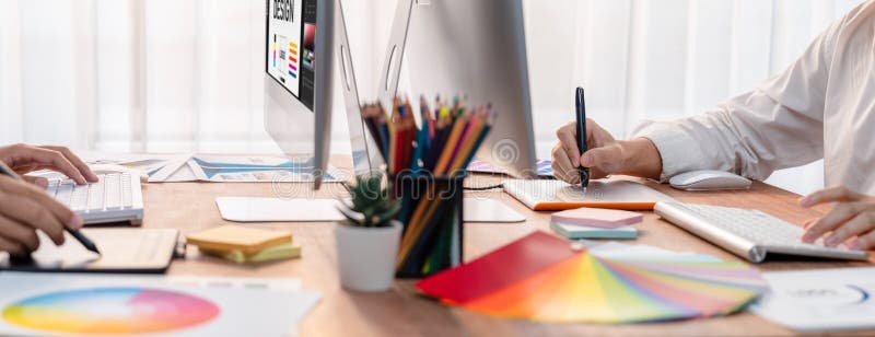 Graphic Designer Works on Computer Laptop with Digital Pen. Scrutinize ...