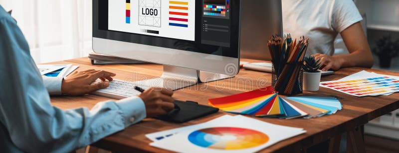 Graphic Designer Works on Computer Laptop with Digital Pen. Scrutinize ...