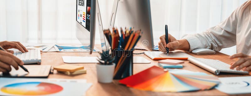 Graphic Designer Works on Computer Laptop with Digital Pen. Scrutinize ...