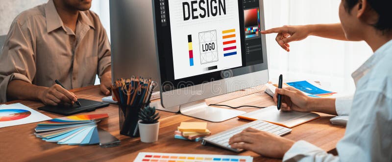 Graphic Designer Works on Computer Laptop with Digital Pen. Scrutinize ...