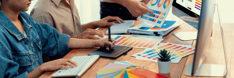 Graphic Designer Works on Computer Laptop with Digital Pen. Scrutinize ...