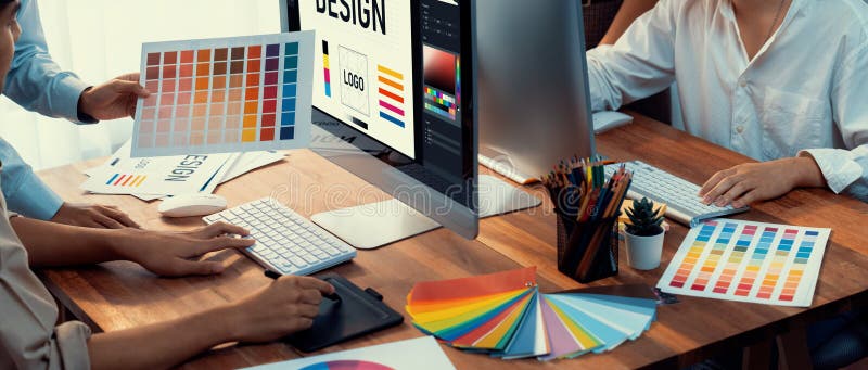 Graphic Designer Works on Computer Laptop with Digital Pen. Scrutinize ...