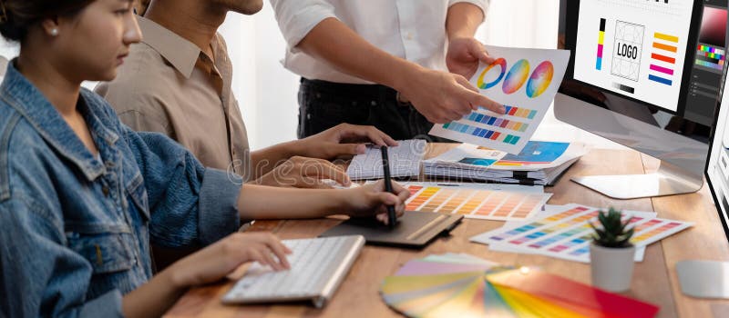 Graphic Designer Works on Computer Laptop with Digital Pen. Scrutinize ...