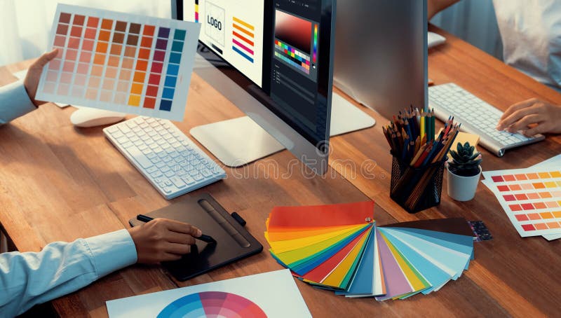 Graphic Designer Works on Computer Laptop with Digital Pen. Scrutinize ...