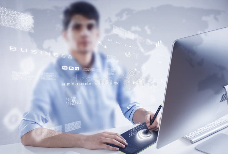 Graphic designer at work stock image. Image of male, indoors - 60474685