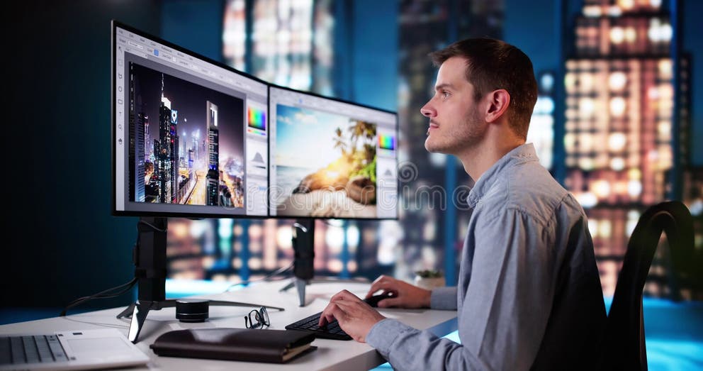 Graphic Designer Working on Computer Editing Stock Image - Image of ...