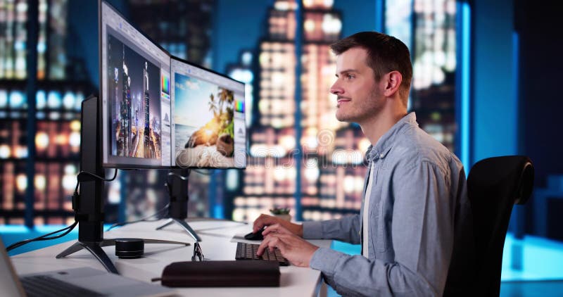 Graphic Designer Working on Computer Editing Stock Image - Image of ...