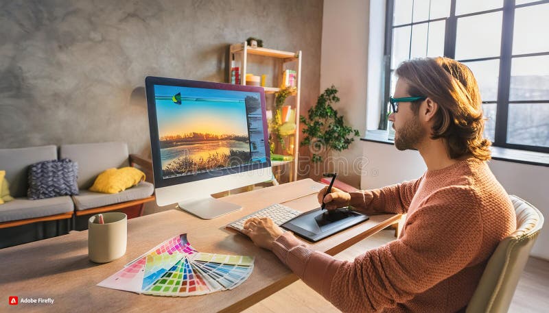 Graphic Designer Working on a Computer Stock Illustration ...