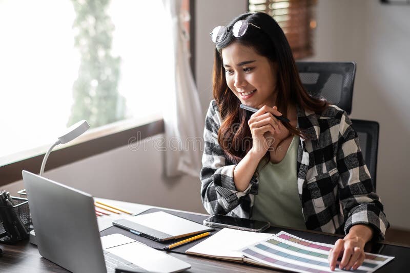 Asian Graphic Designer Working with Laptop for Creativity Editor Ideas Designer Concept. Stock ...