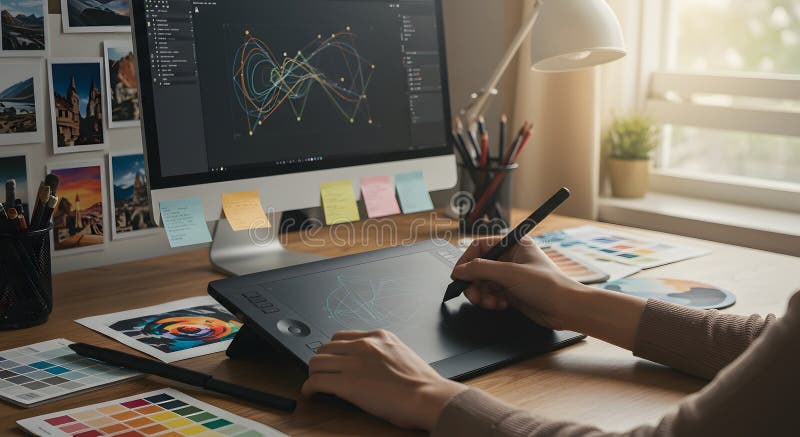 Graphic Designer Working at Desk with Drawing Tablet and Computer Stock ...
