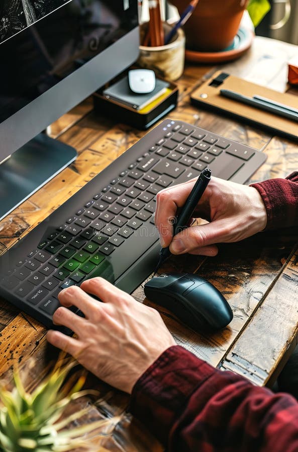 Graphic Designer Working with Digital Pen and Keyboard in a Modern ...