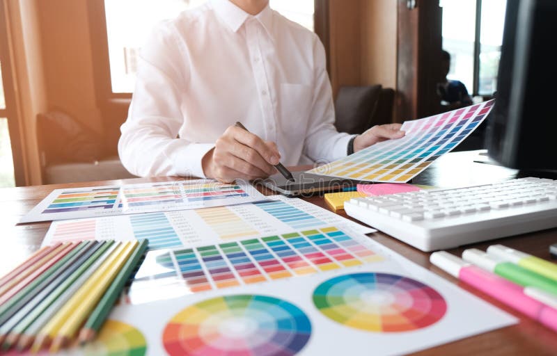 Graphic Designer Working on Digital Tablet. Artist Drawing on Graphic ...