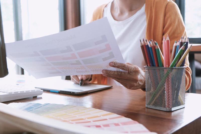 Graphic Designer Working on Digital Tablet. Artist Drawing on Graphic ...