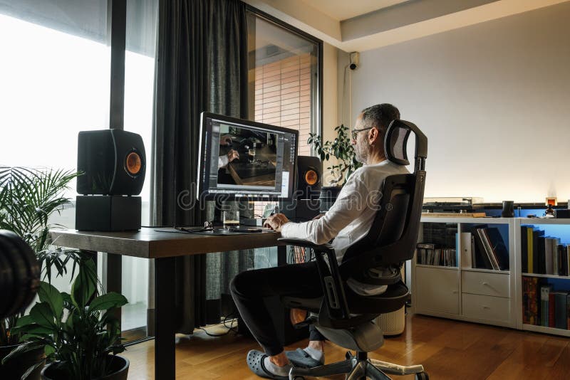 Back View Business Man Working Desktop Computer Modern Office Stock ...