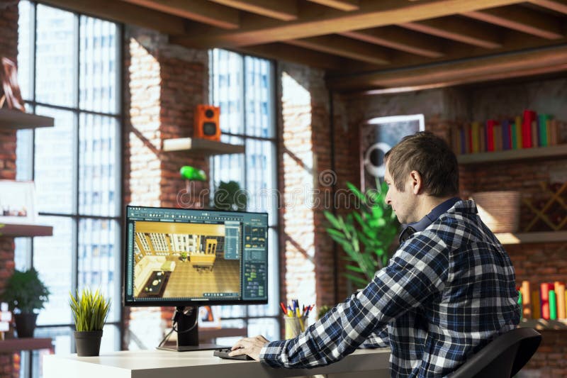 Graphic Designer Working from Home Moving Assets in 3D Modeling Program ...