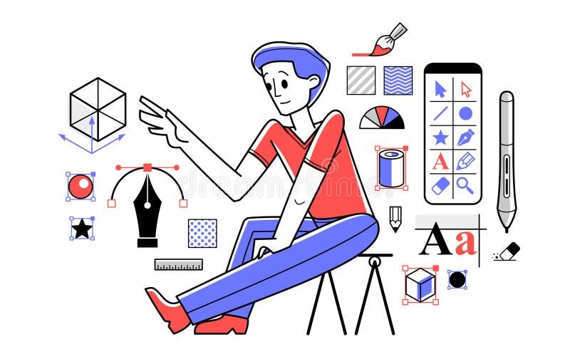 Graphic Designer Working on Some Creative Project Vector Outline ...