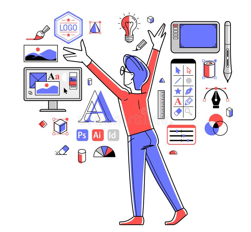 Graphic Designer Working on Some Creative Project Vector Outline ...