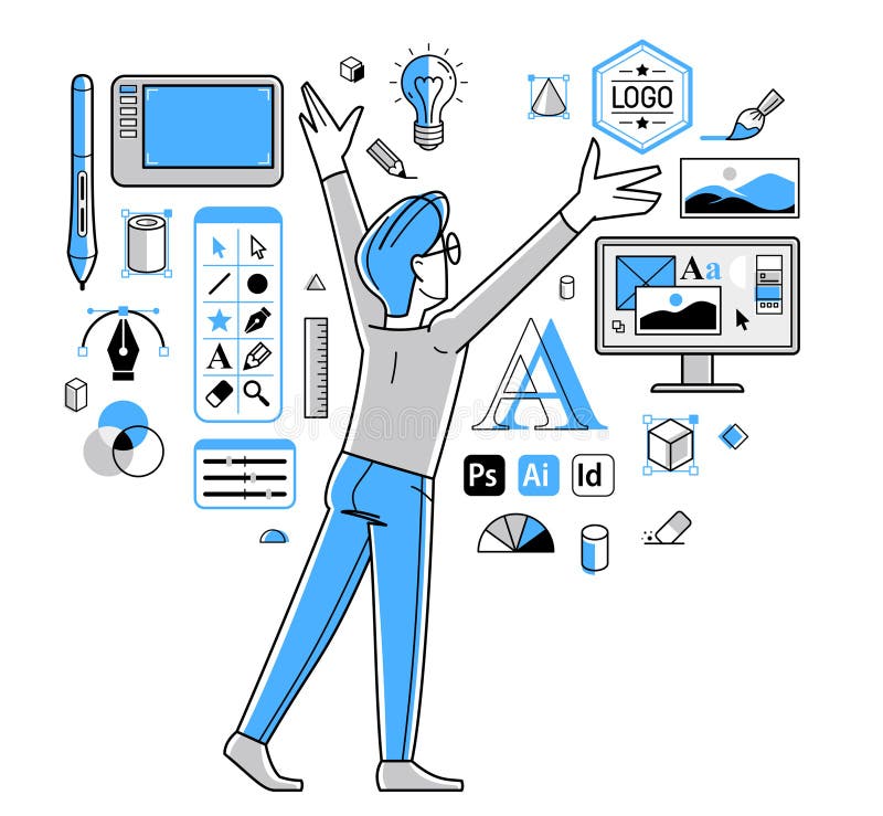 Graphic Designer Working on Some Creative Project Vector Outline ...