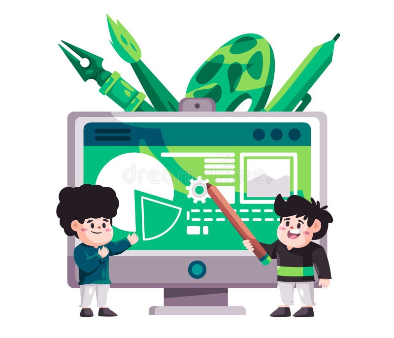 Graphic Designer Working with Tools Friends Talking Discuss Teaching ...