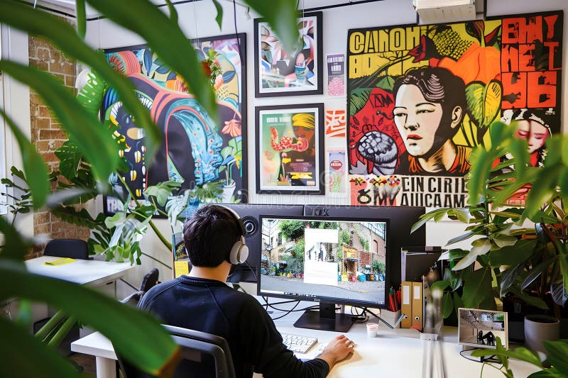 Graphic Designer Working on Vibrant Abstract Art Prints, Using Computer ...