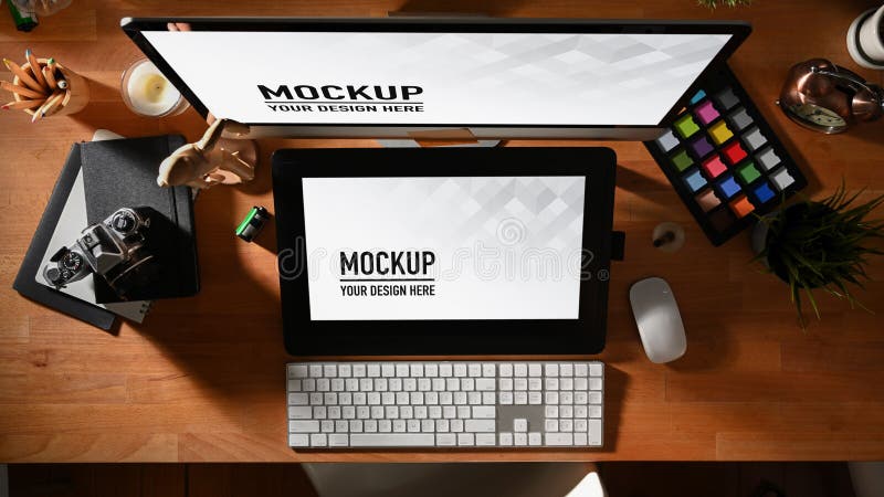 Graphic Designer Workspace with Tablet, Computer, Camera and Tools ...