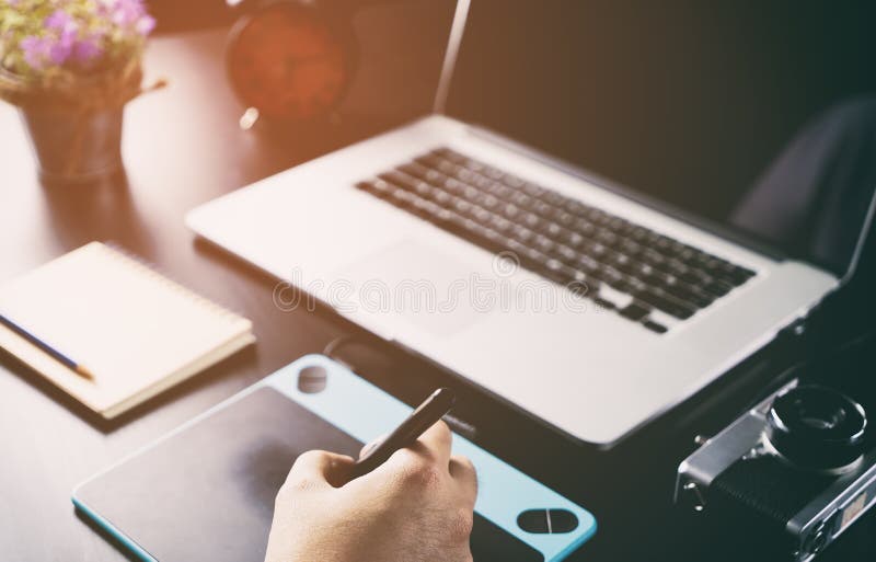 Graphic Designer is Writing on a Tablet Stock Image - Image of table ...