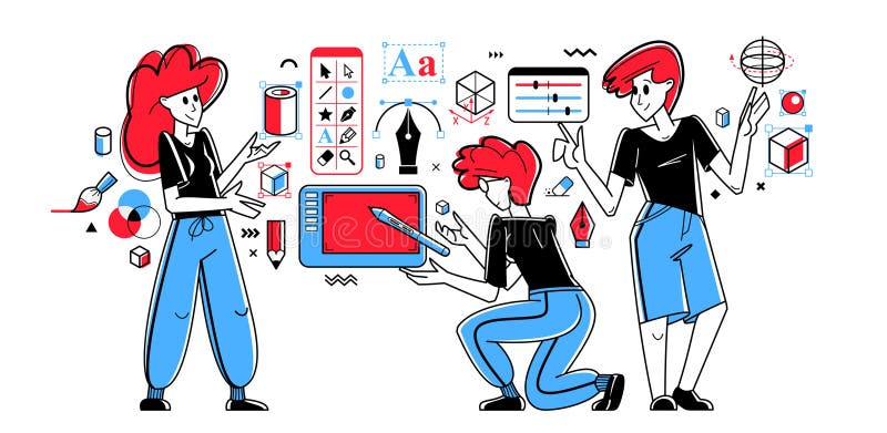 Graphic Designers Team Working on Some Creative Project Vector Outline ...