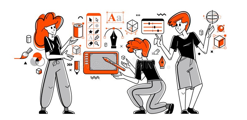 Graphic Designers Team Working on Some Creative Project Vector Outline ...