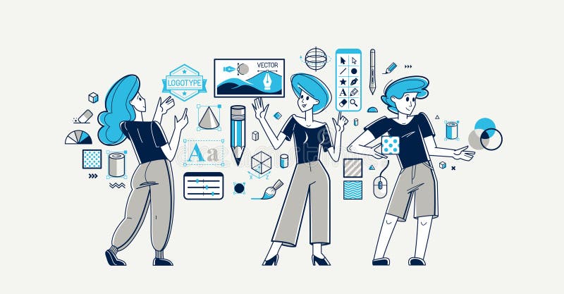 Graphic Designers Team Working on Some Creative Project Vector Outline ...