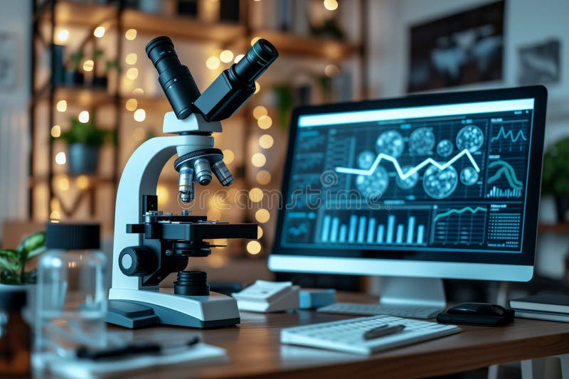 Graphic Diagram on Computer Screen with Microscope Stock Photo - Image ...