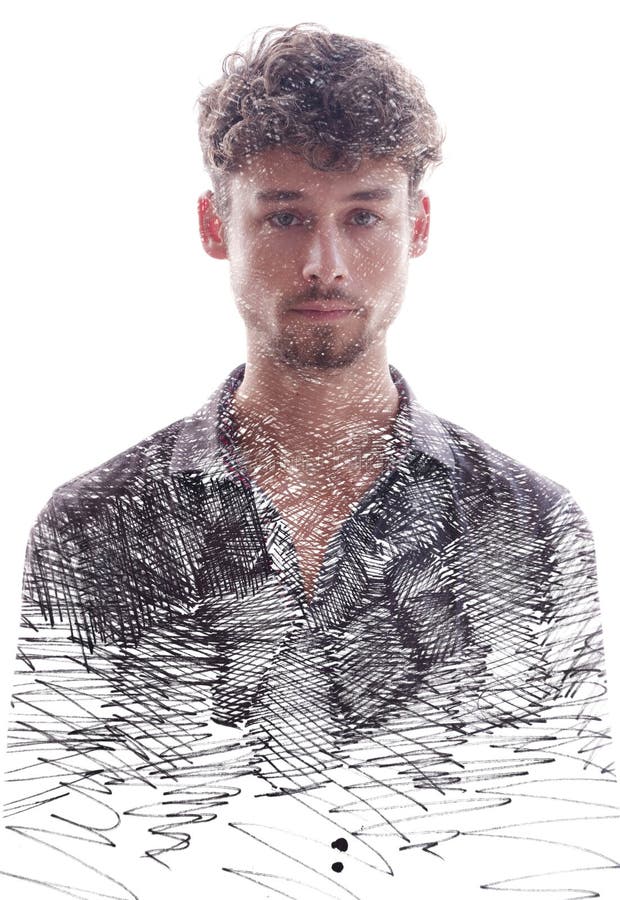 A Graphic Double Exposure Full-front Paintography Portrait of a Man ...