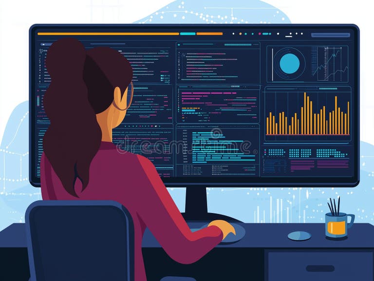 Graphic Drawing of a Girl Working on a Computer Stock Illustration ...