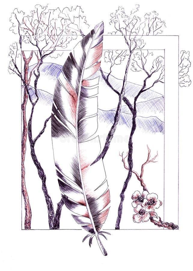 Graphic Drawing Spring Motif with Feather and Flowering Trees Stock ...