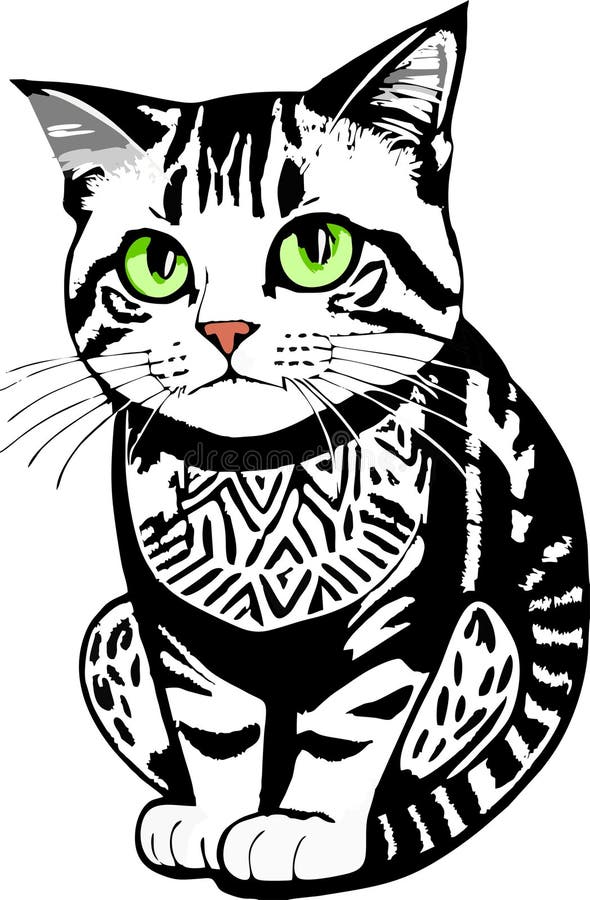 Graphic Drawing White Cat with Green Eyes Stock Illustration ...
