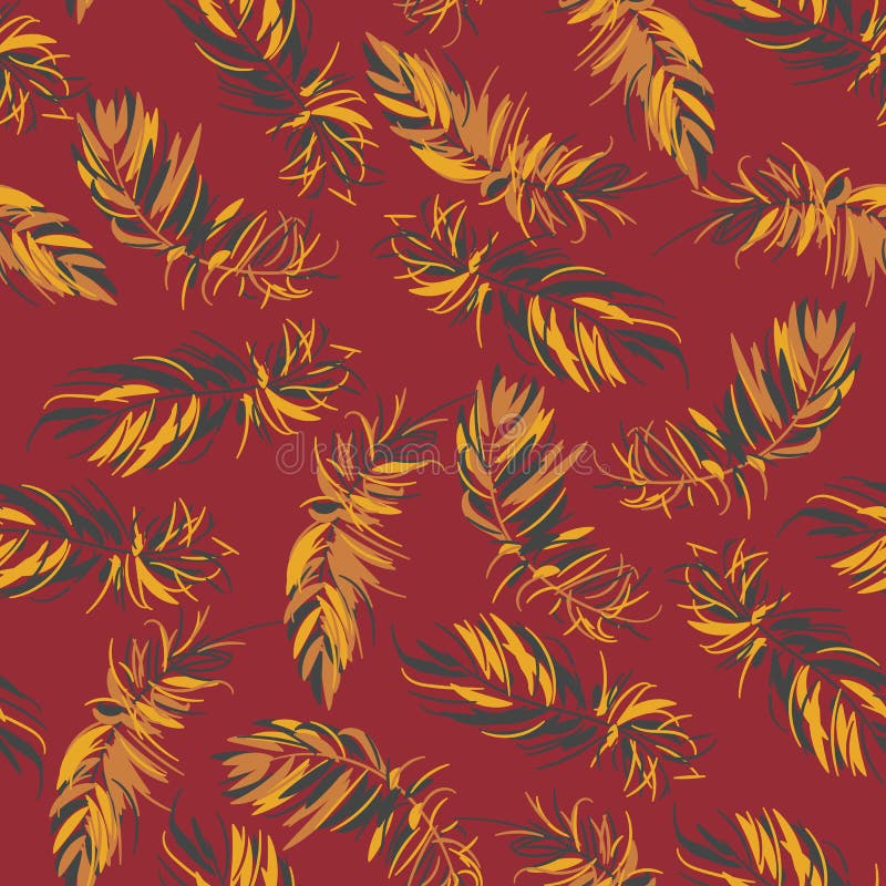Graphic Fluffy Feathers Seamless Vector Pattern in Yellow Maroon and ...