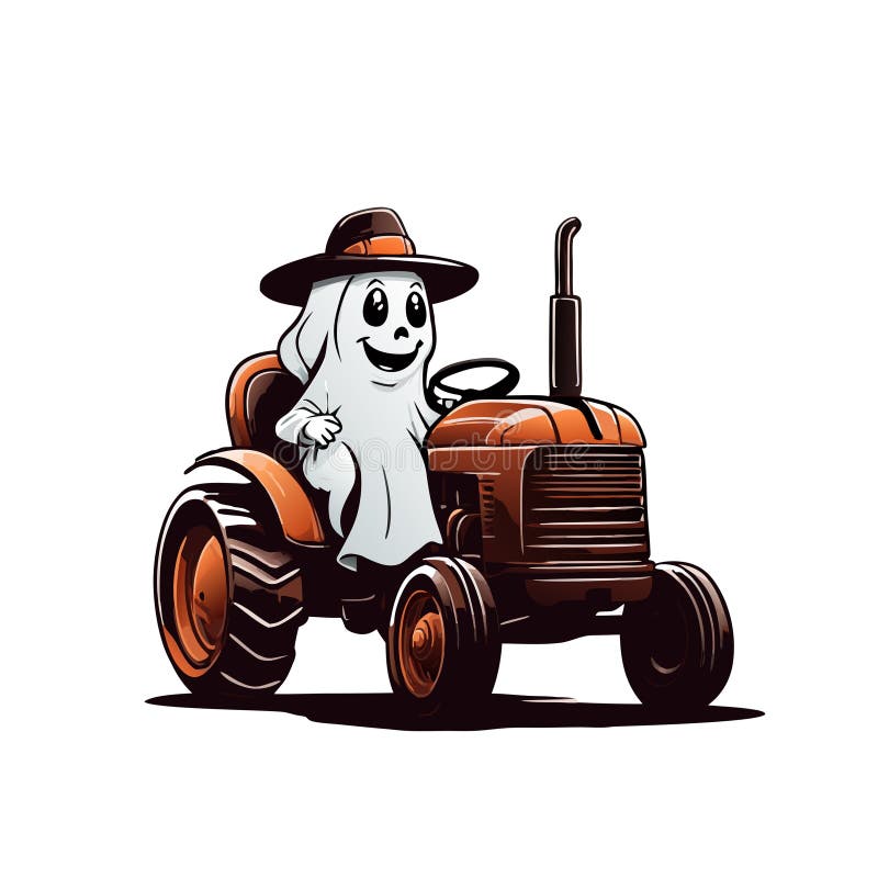 Graphic of a Ghost in a Hat Riding an Old Brown Tractor Stock ...