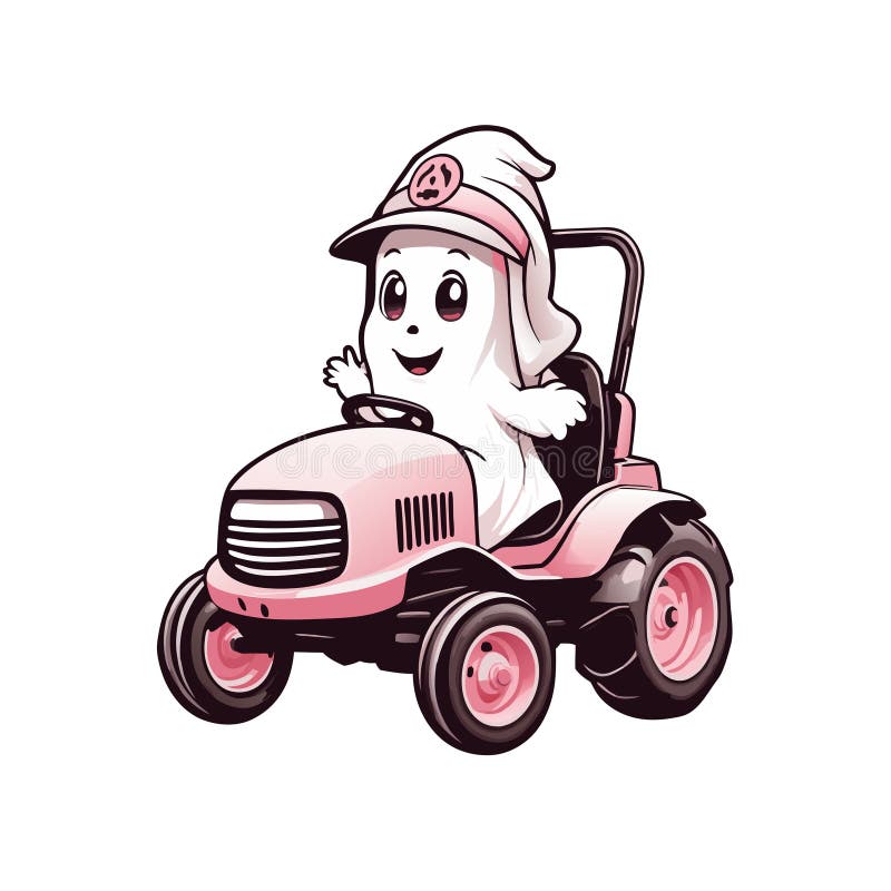 Graphic of a Ghost in a Hat Riding an Old Pink Tractor Stock Image ...