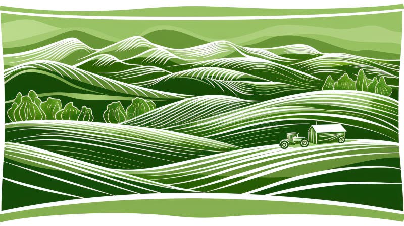 Graphic Green and White Illustration of Rolling Farm Hills with Tractor ...