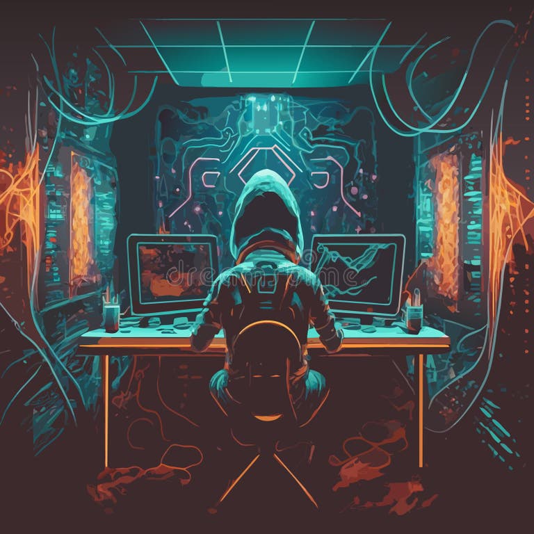Graphic of Hacker in Front of Computer Screens Stock Illustration ...