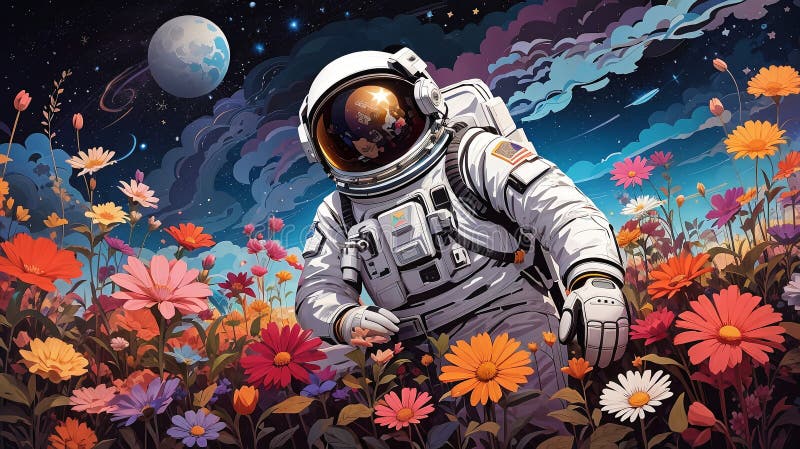 Illustration of Astronaut and Flowers in Vivid Colors Stock ...