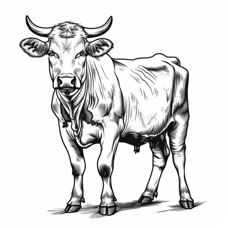 Graphic Illustration of a Cow in a Stylized Black and White Line ...