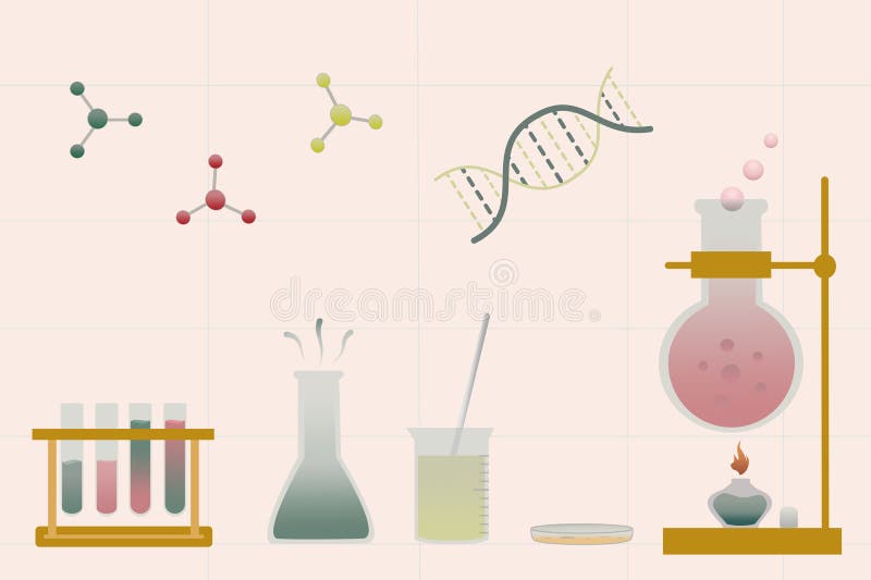 Graphic Illustration Featuring Laboratory Glassware, DNA Strands, and ...