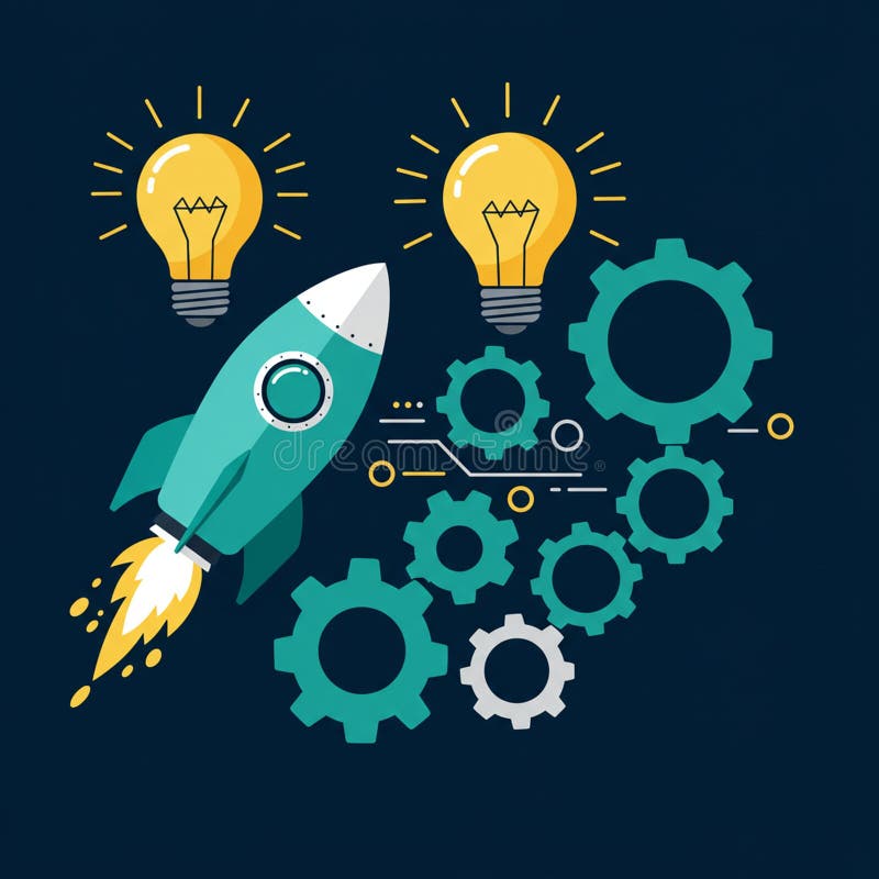 A Graphic Illustration Featuring a Teal Rocket with Yellow Flames ...