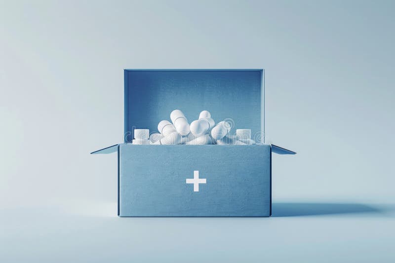 Graphic Illustration of Open Blue Box, White Pill Bottles Inside ...